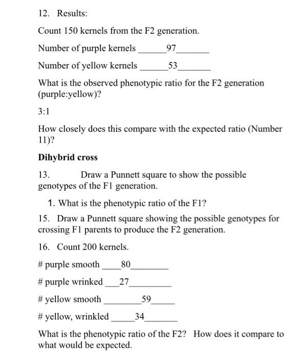 Solved 12. Results: Count 150 kernels from the F2 | Chegg.com