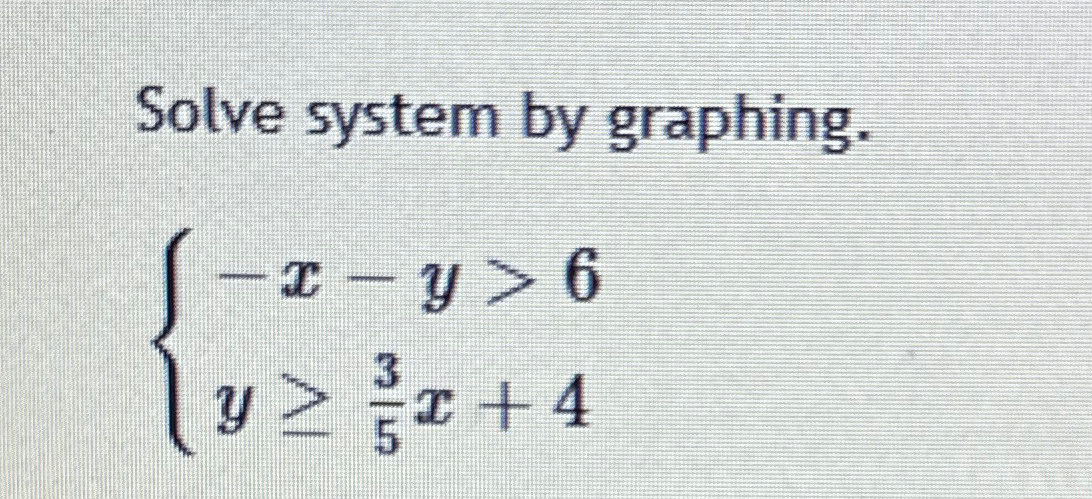 Solved Solve system by graphing.-x-y>6y≥35x+4 | Chegg.com