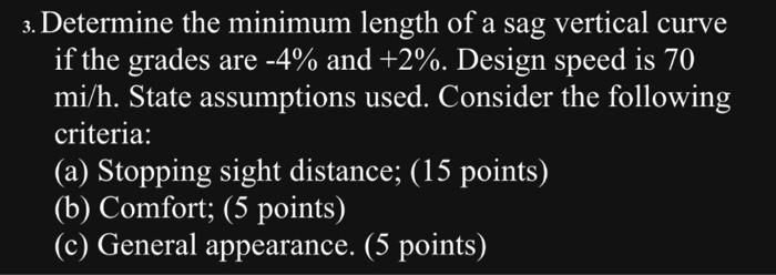 Solved 3. Determine the minimum length of a sag vertical | Chegg.com