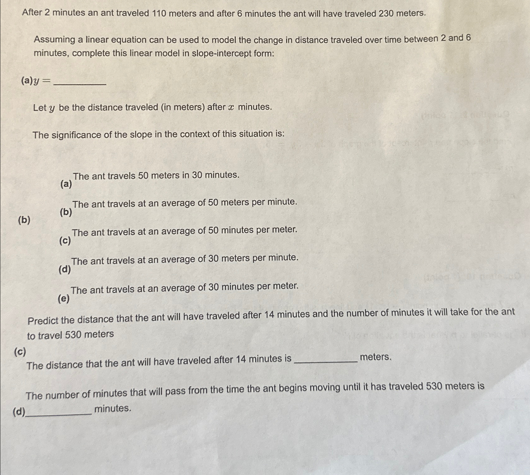 Solved After 2 ﻿minutes an ant traveled 110 ﻿meters and | Chegg.com