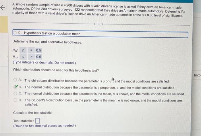 Solved A simple random sample of size n=200 drivers with a | Chegg.com