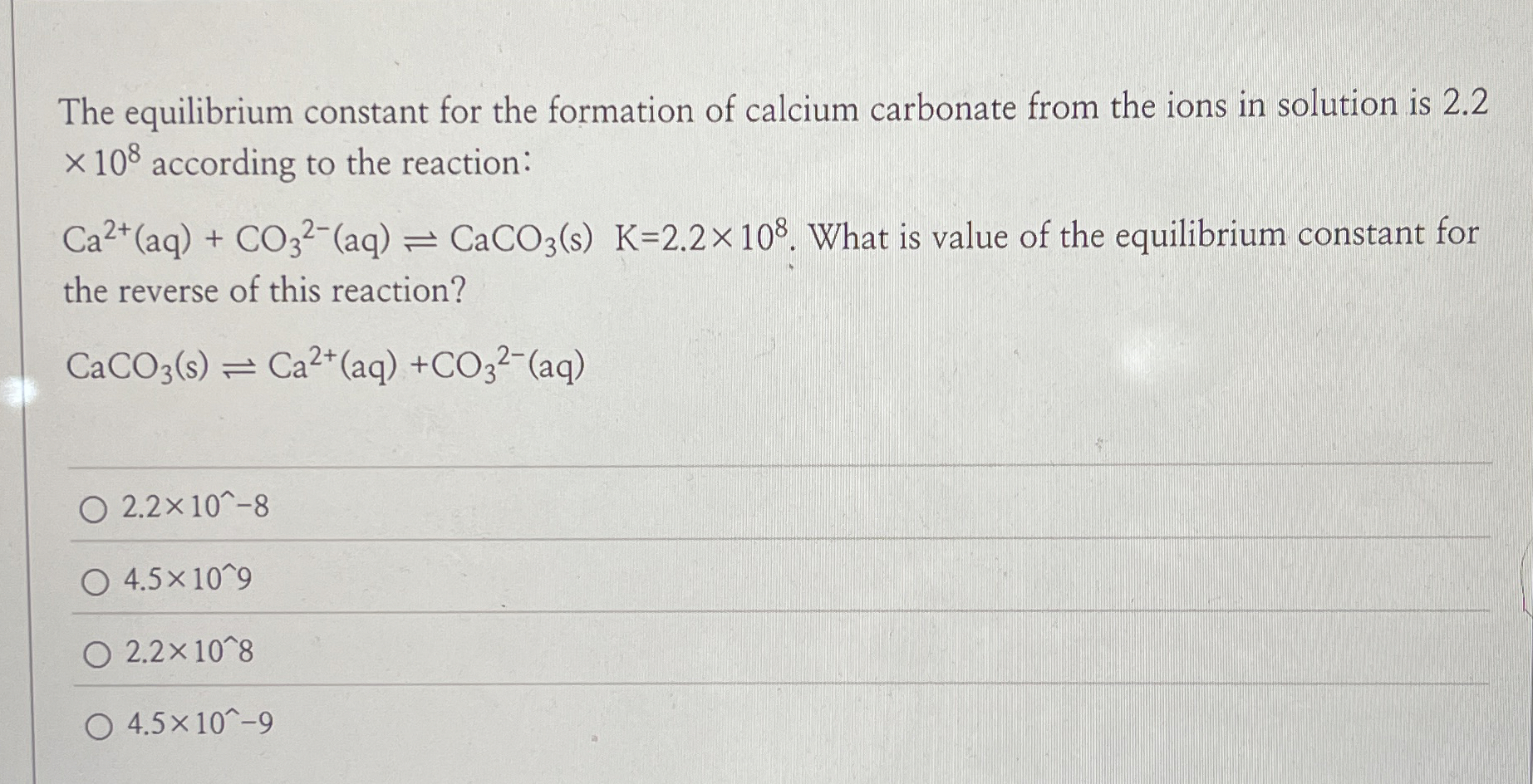 Solved The equilibrium constant for the formation of calcium | Chegg.com