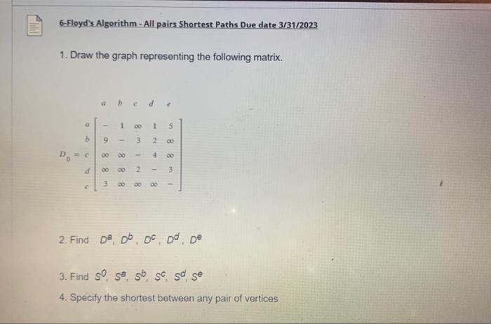 Solved 6-Floyd's Algorithm - All pairs Shortest Paths Due | Chegg.com