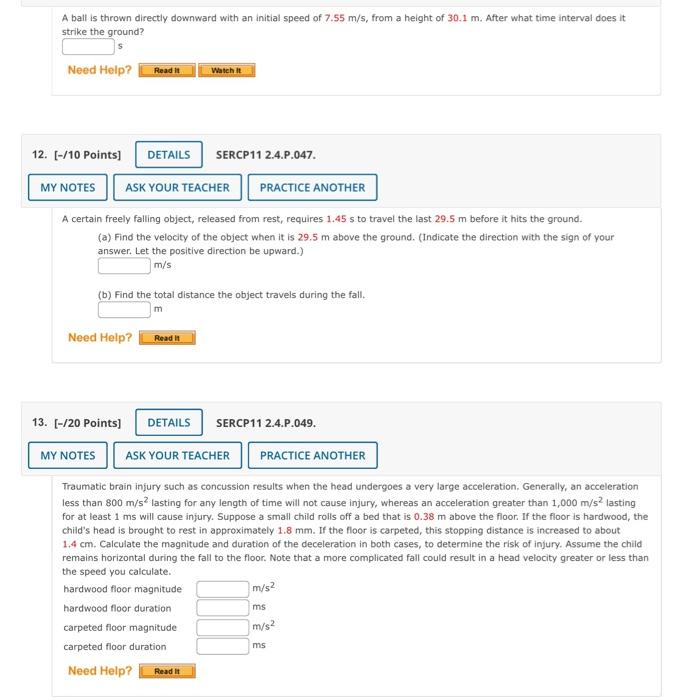 Solved A ball is thrown directly downward with an initial | Chegg.com