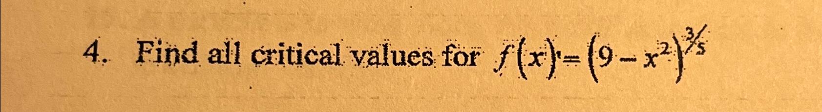 Solved Find all critical values for f(x)=(9-x2)35 | Chegg.com