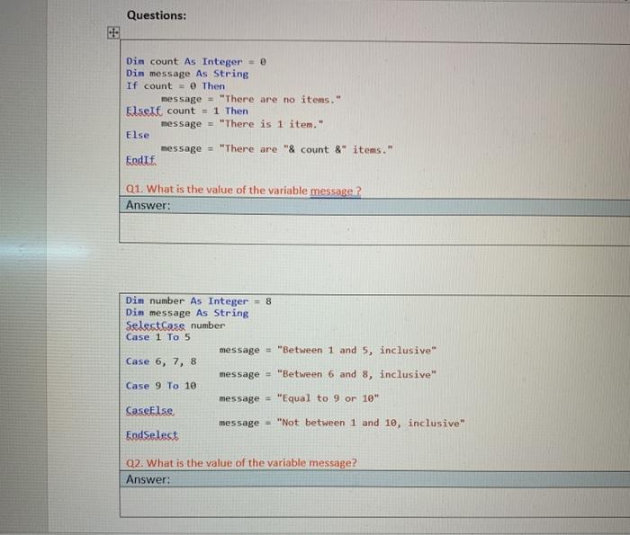 Solved Questions: Din count As Integer = 0 Dim message As | Chegg.com