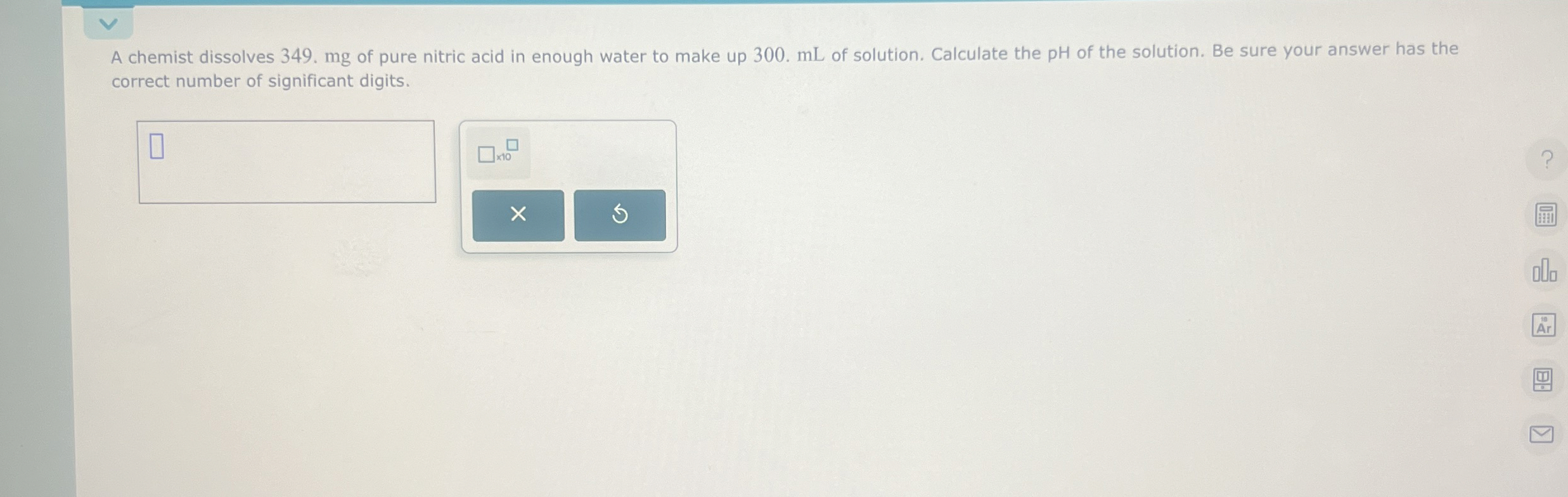 Solved A chemist dissolves 349.mg ﻿of pure nitric acid in | Chegg.com