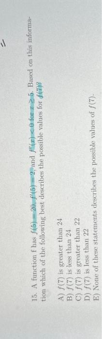 Solved 15. A function f has f(5)=20,f′(5)=2, and f′′(x)