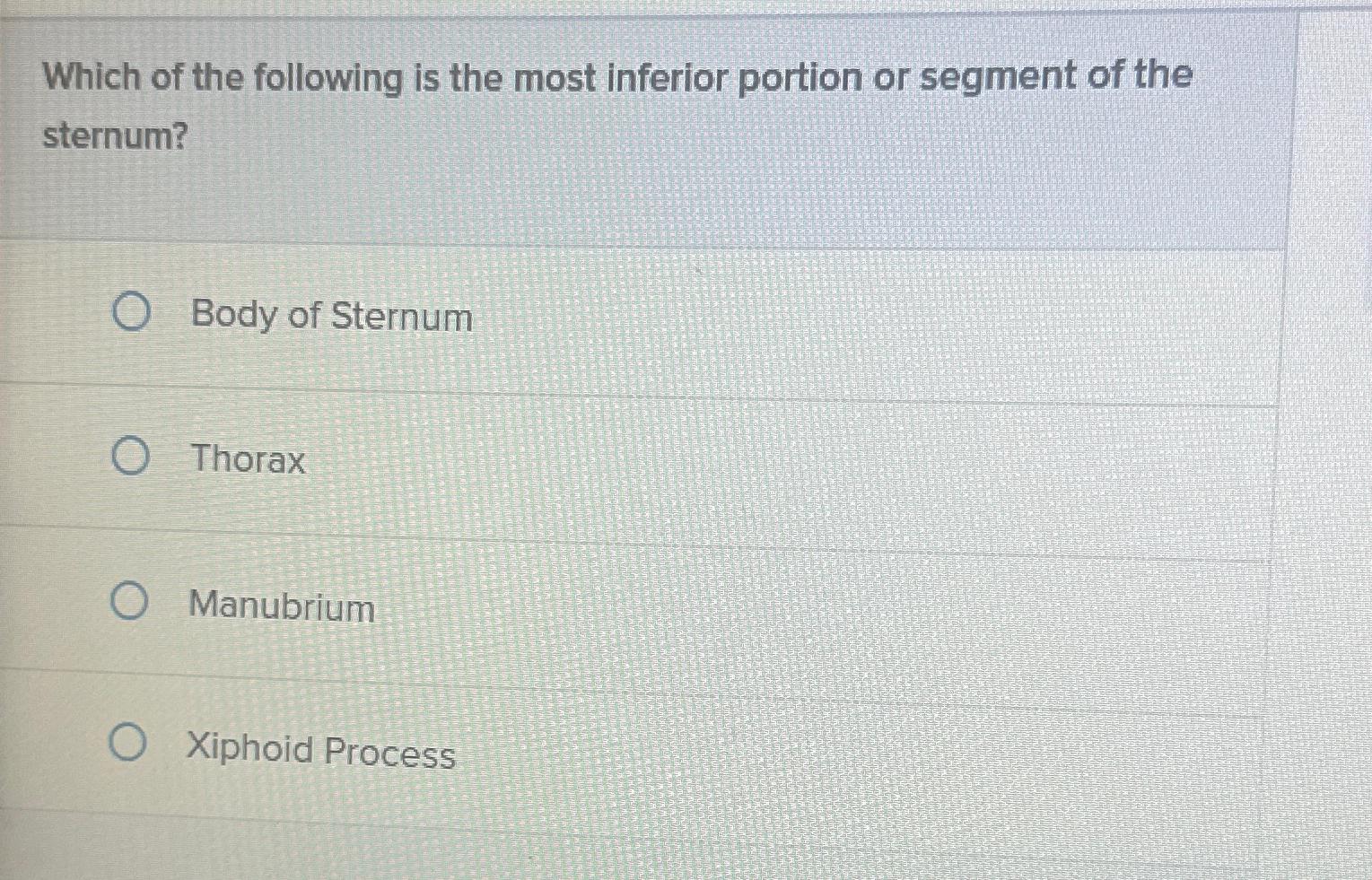 Solved Which of the following is the most inferior portion | Chegg.com