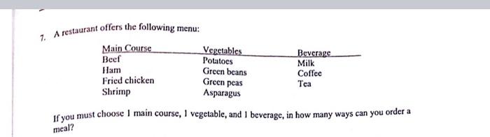 Solved 7. A restaurant offers the following menu: If you | Chegg.com