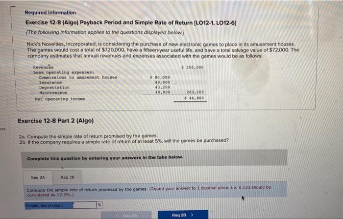 Solved Required information Exercise 12-8 (Algo) Payback | Chegg.com
