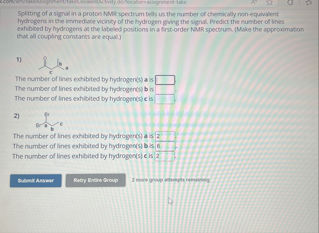 Solved Splitting of a signal in a proton NMR spectrum tells | Chegg.com
