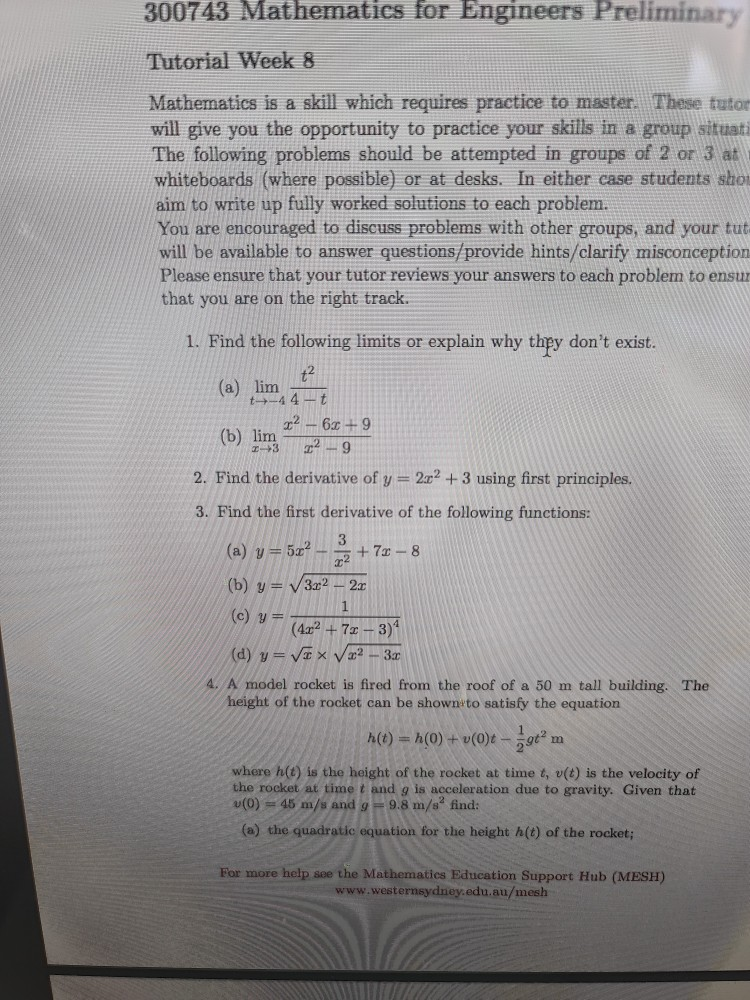 Solved 300743 Mathematics for Engineers Preliminary Tutorial | Chegg.com