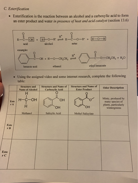Solved C. Esterification • Esterification is the reaction | Chegg.com