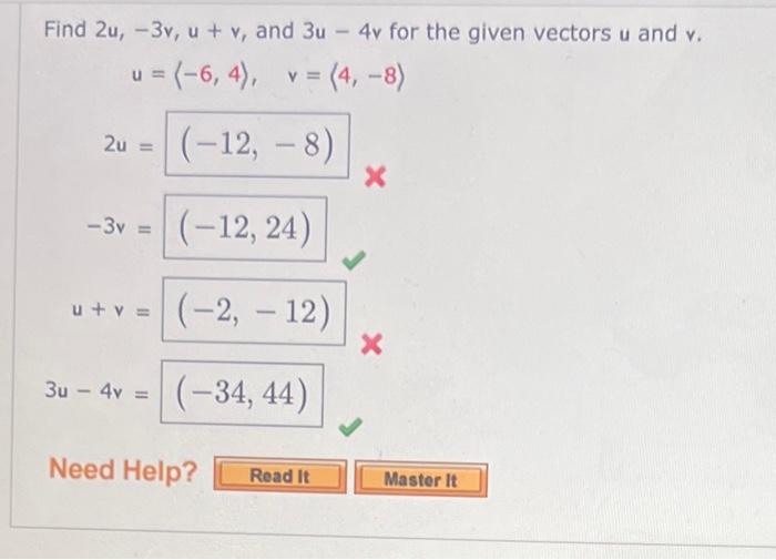 Solved Find 2u,−3v,u+v, and 3u−4v for the given vectors u | Chegg.com