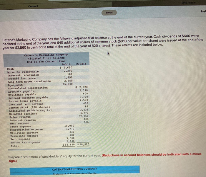 Solved MHE Reader Connect Saved Hel Catena's Marketing | Chegg.com