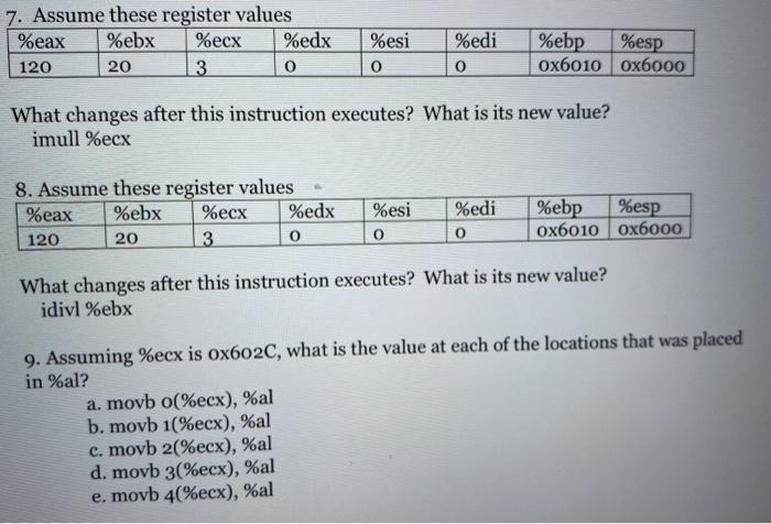 Solved 7. Assume these register values %eax %ebx %ecx %edx | Chegg.com