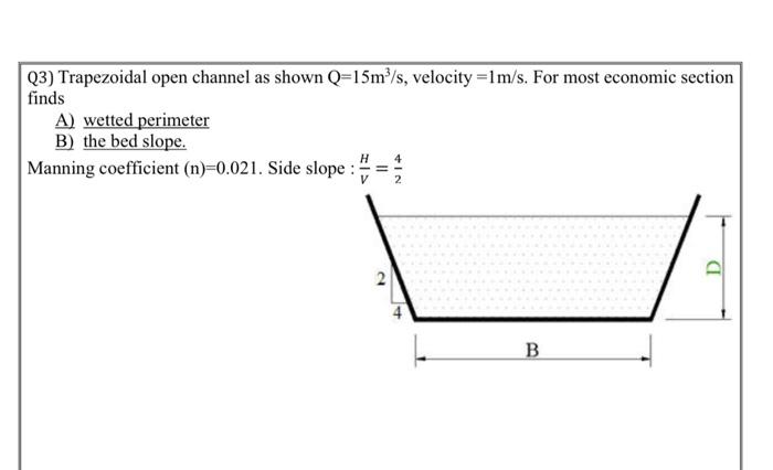 Solved Q3) Trapezoidal open channel as shown Q=15 m3/s, | Chegg.com