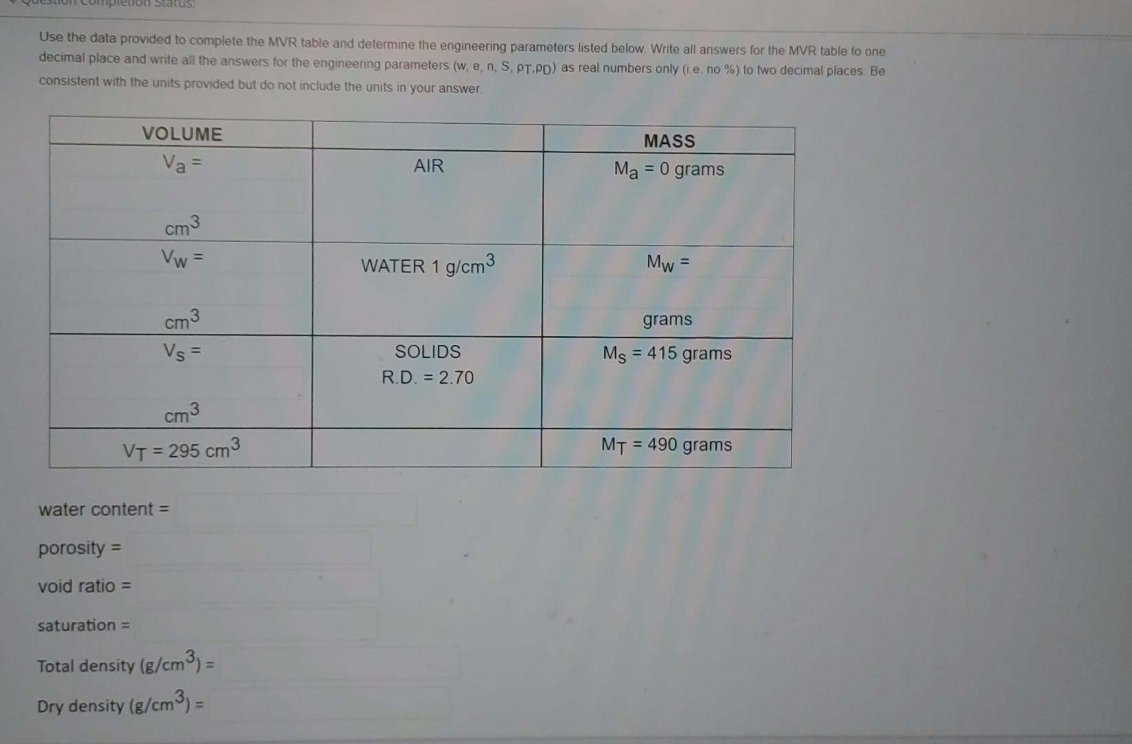 Solved Use the data provided to complete the MVR table and | Chegg.com