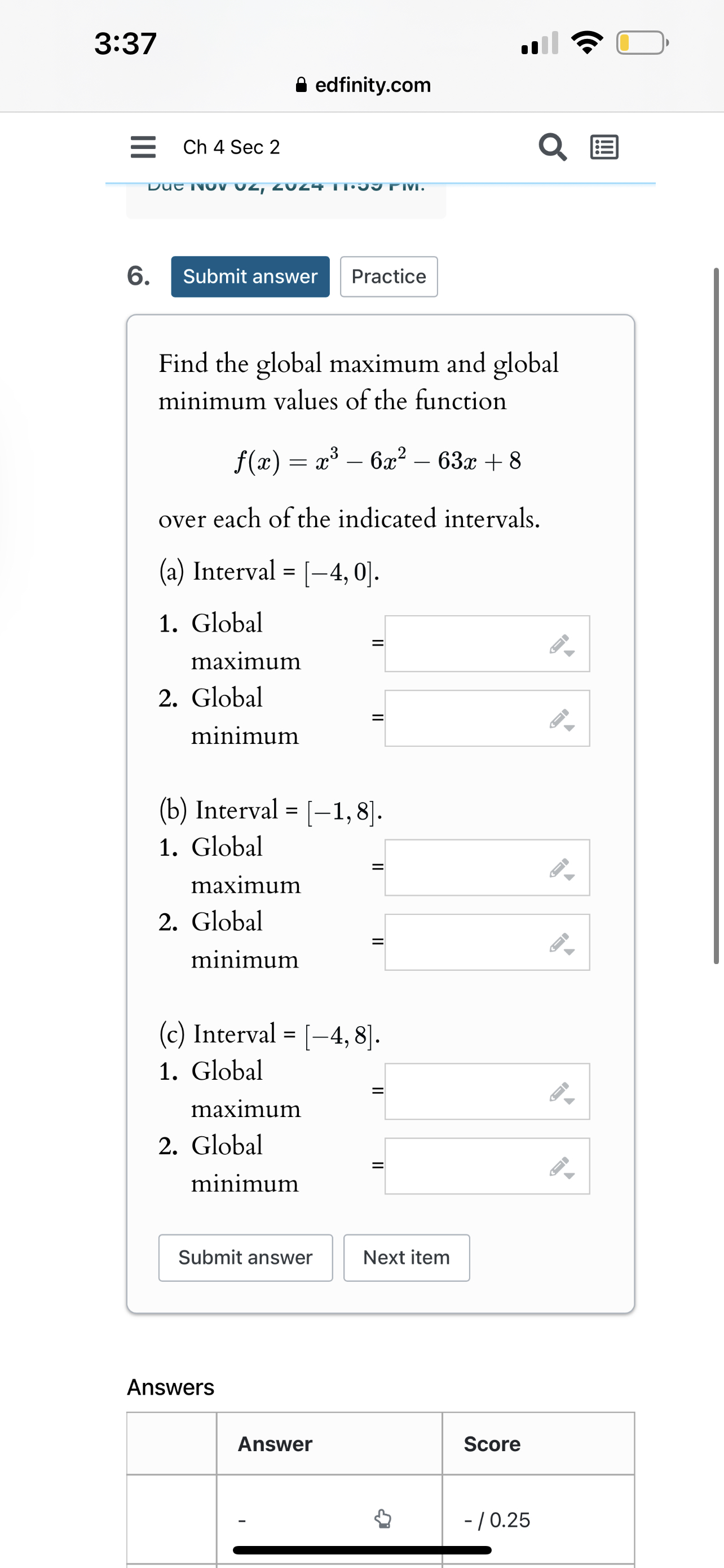 Solved 3:37edfinity.comCh 4 ﻿Sec 26.PracticeFind the global | Chegg.com