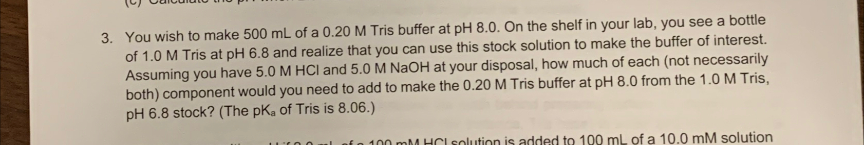 Solved You wish to make 500mL ﻿of a 0.20M ﻿Tris buffer at | Chegg.com