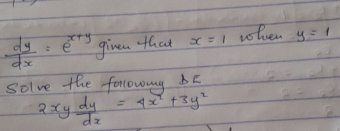 Solved dydx=ex+y ﻿given that x=1 ﻿when y=1Solve the | Chegg.com