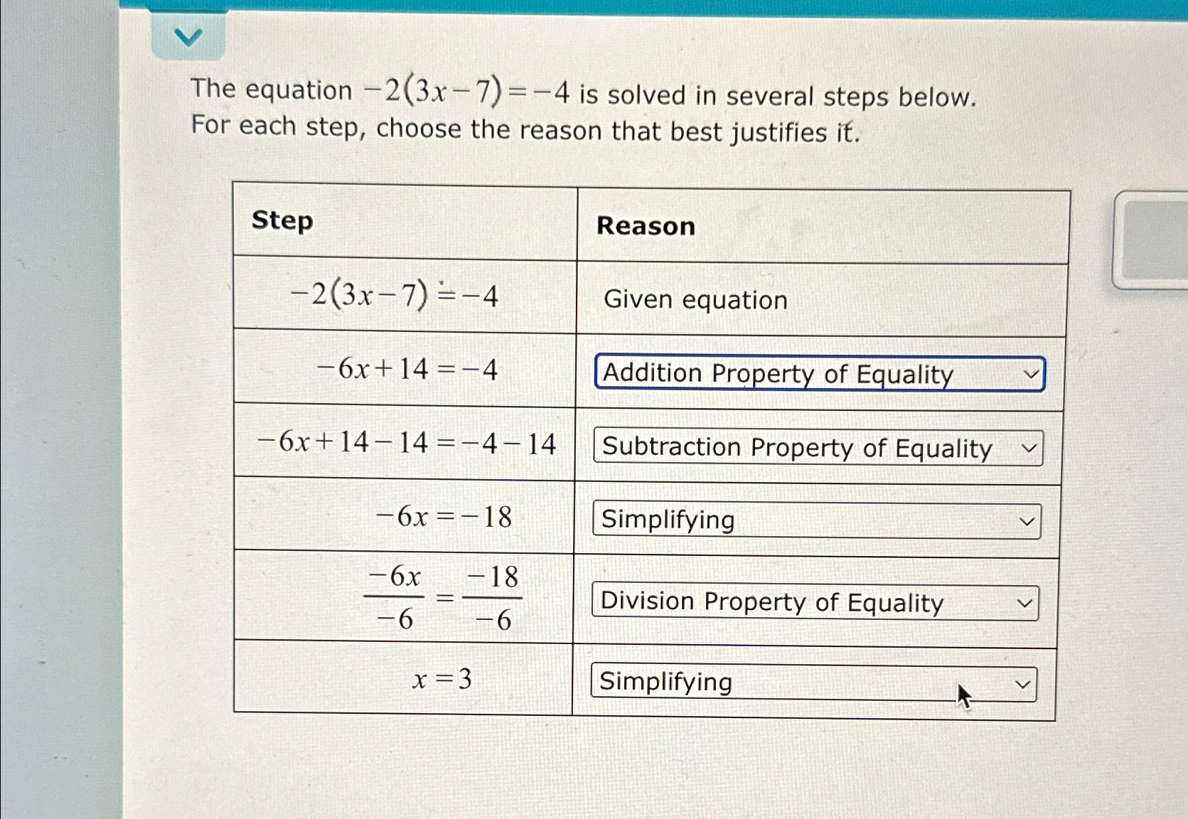 Solved The equation -2(3x-7)=-4 ﻿is solved in several steps | Chegg.com