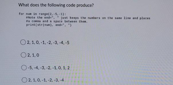 Solved What does the following code produce? 11 for num in | Chegg.com