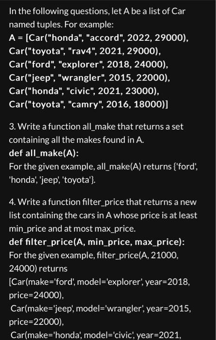 Solved In this assignment, we use a named tuple called Car | Chegg.com
