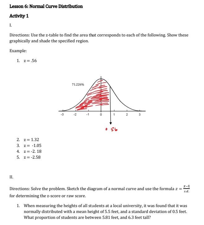 Lesson 6: Normal Curve Distribution Activity 1 I. | Chegg.com