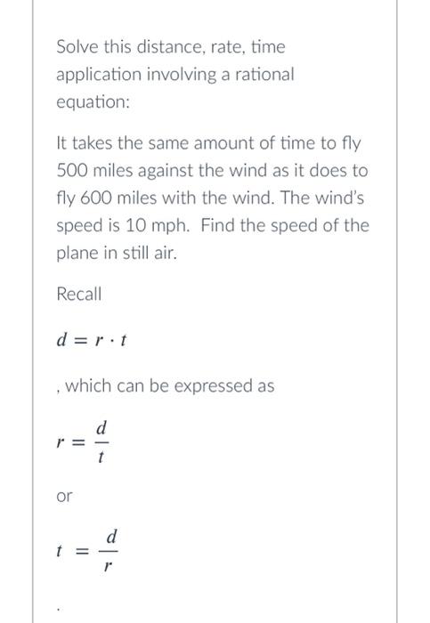 Solved Solve this distance, rate, time application involving | Chegg.com