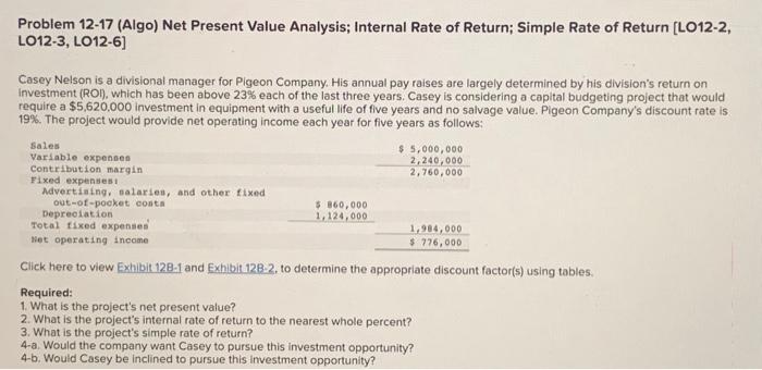 Problem 12-17 (Algo) Net Present Value Analysis; | Chegg.com