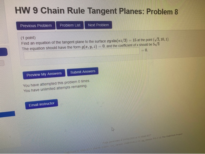 Solved Hw 9 Chain Rule Tangent Planes Problem 1 Previous