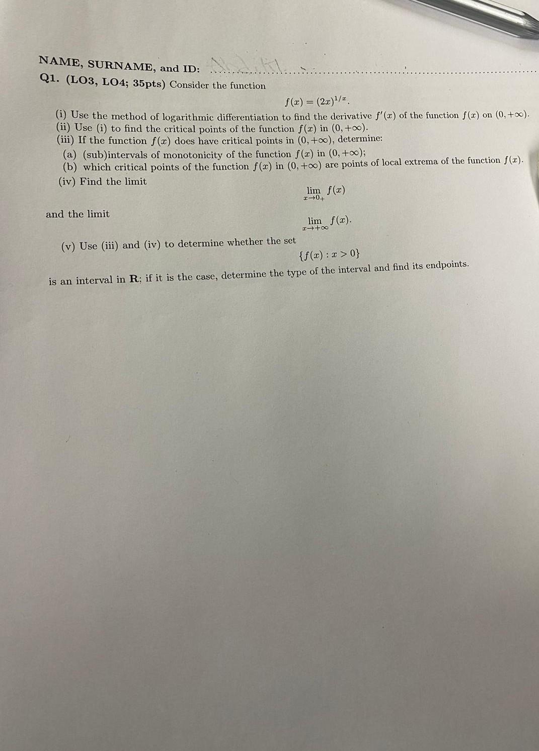 Solved f(x)=(2x)1/x (i) Use the method of logarithmic | Chegg.com