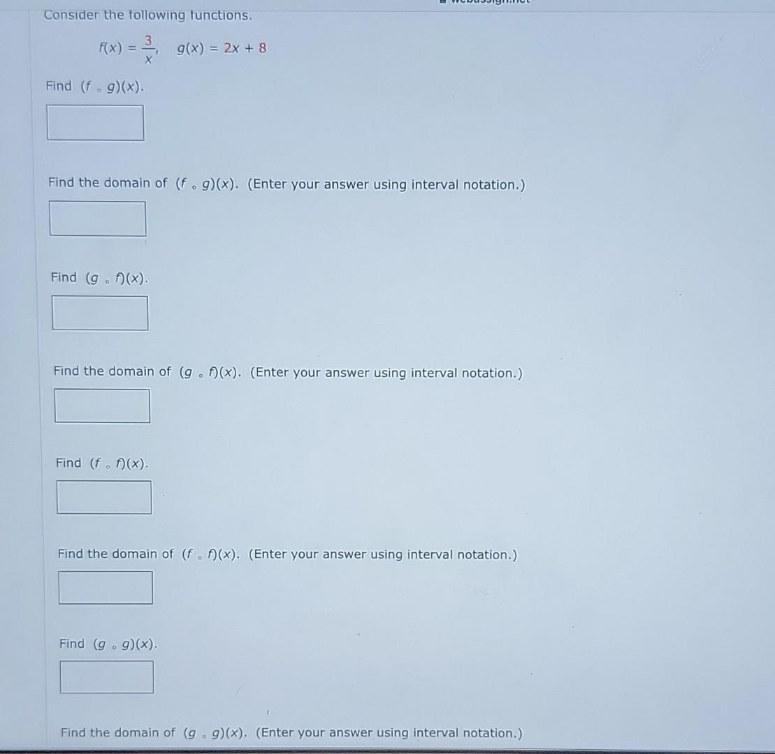 Solved Consider the following functions. f(x)=x3,g(x)=2x+8 | Chegg.com