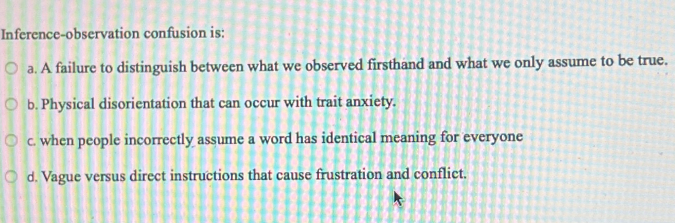 Solved Inference-observation confusion is:a. ﻿A failure to | Chegg.com