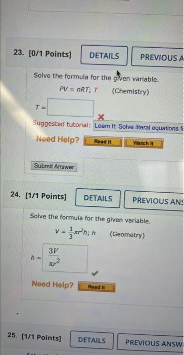 Solved Solve the formula for the given variable. PV=nRT; | Chegg.com