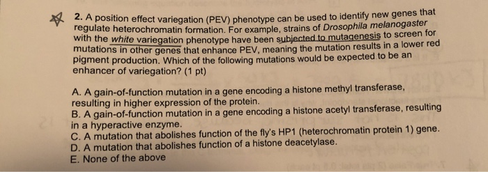 Solved 2. A position effect variegation (PEV) phenotype can | Chegg.com