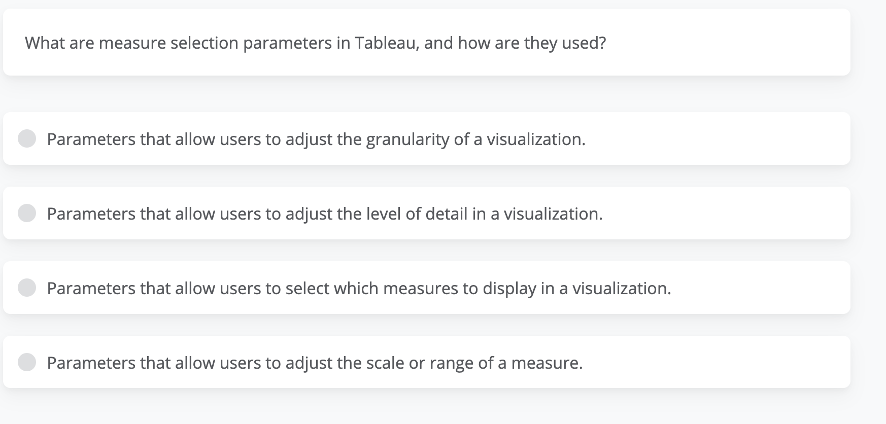 Solved What are measure selection parameters in Tableau, and | Chegg.com