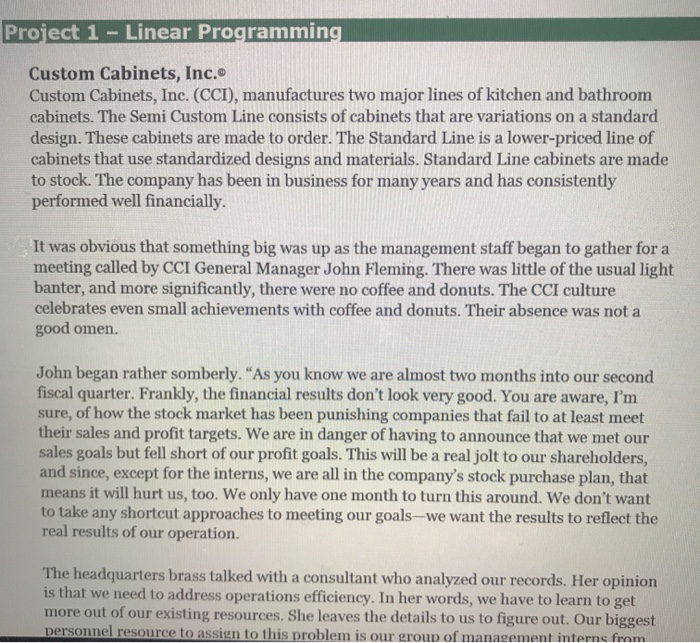 Solved Project 1 - Linear Programming, Custom Cabinets, Inc. | Chegg.com