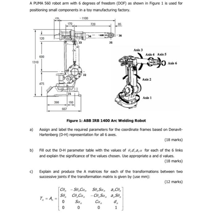 Solved A PUMA 560 robot arm with 6 degrees of freedom (DOF) | Chegg.com