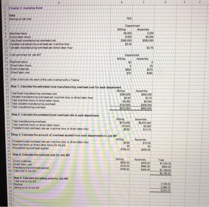 Solved B с D E $70 1 Chapter 2: Applying Excel 2 3 Data 4 | Chegg.com