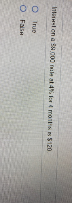 Solved Interest on a $9,000 note at 4% for 4 months is $120. | Chegg.com