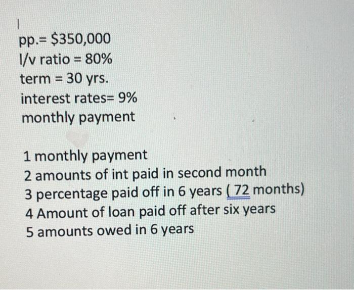 Solved pp. =$350,000 I/v ratio =80% term =30 yrs. interest | Chegg.com