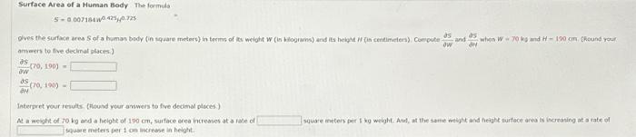 Solved Surface Area of a Human Body The formula S = | Chegg.com