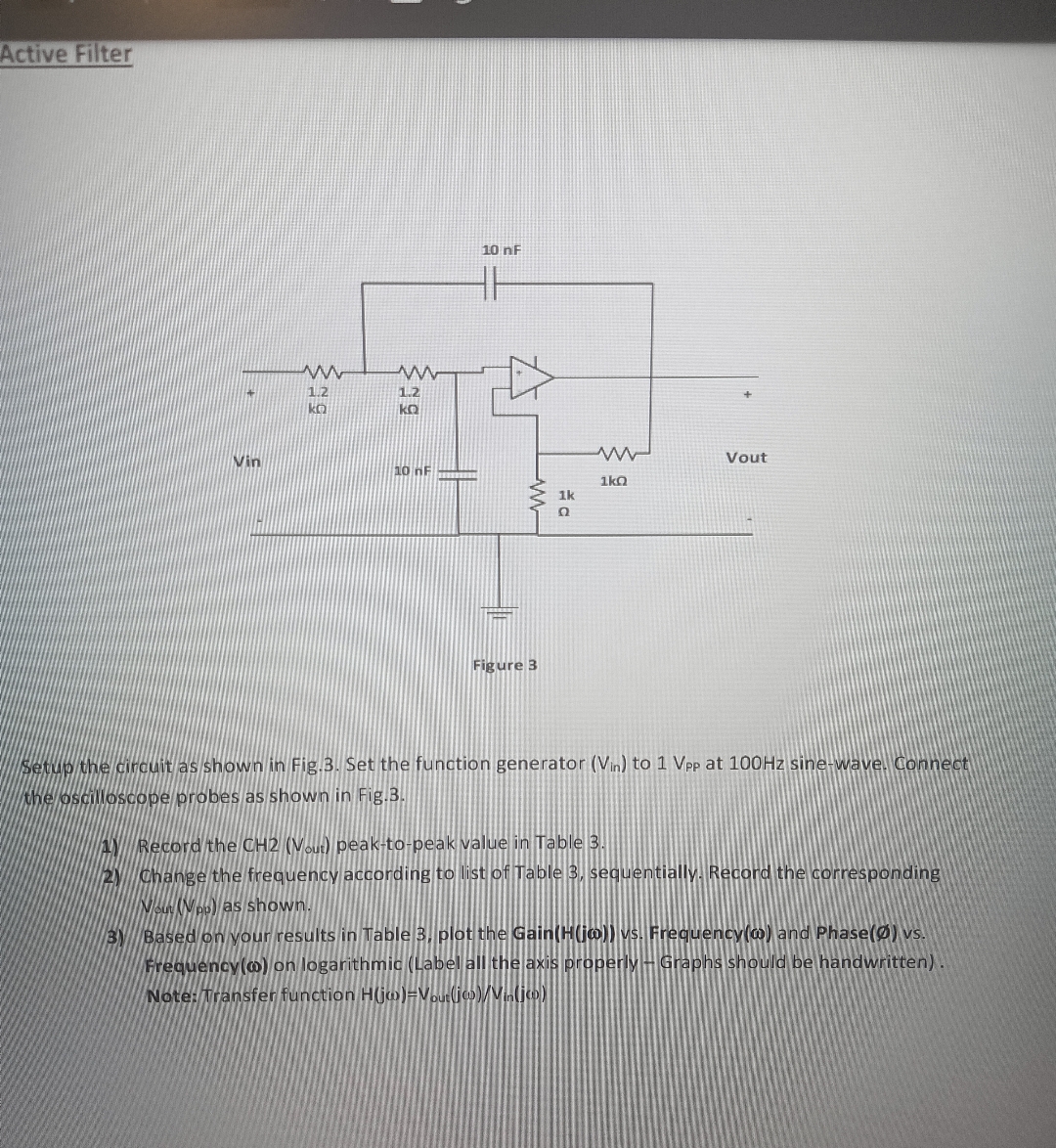 Solved Active FilterFigure 3Shetup the dircuit as shown in | Chegg.com