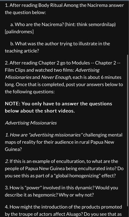 1. After reading Body Ritual Among the Nacirema | Chegg.com