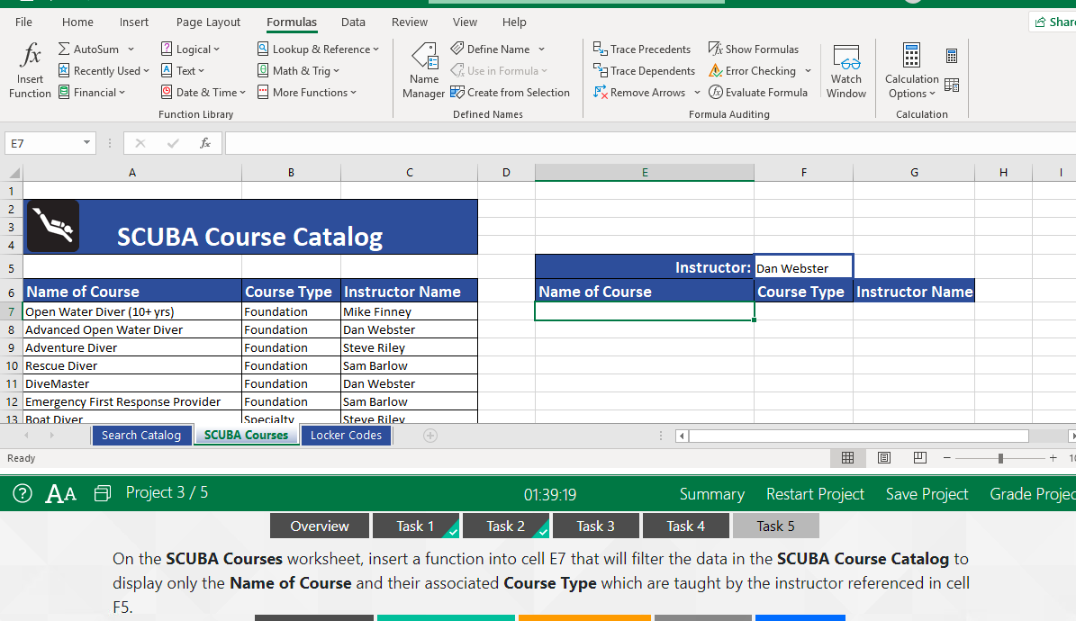 On the SCUBA Courses worksheet, insert a function | Chegg.com