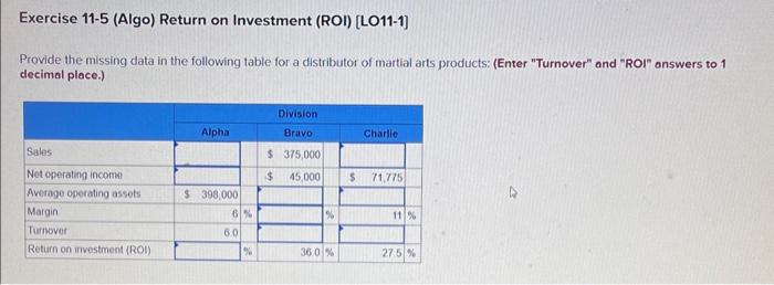 Solved Exercise 11-5 (Algo) Return on Investment (ROI) | Chegg.com Solved Exercise 11-5 (Algo) Return on Investment (ROI) | Chegg.com