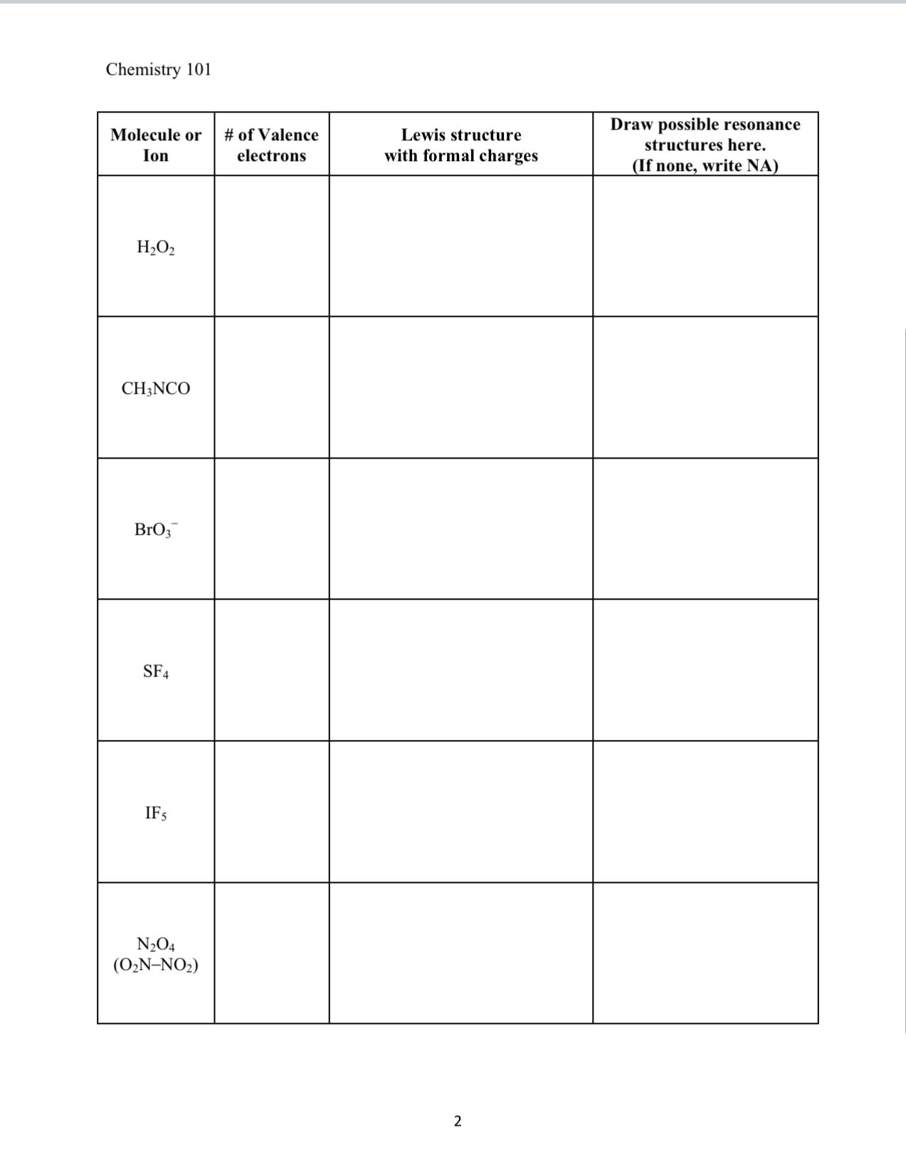 Solved Chemistry 101\table[[Molecule or Ion,# of Valence | Chegg.com